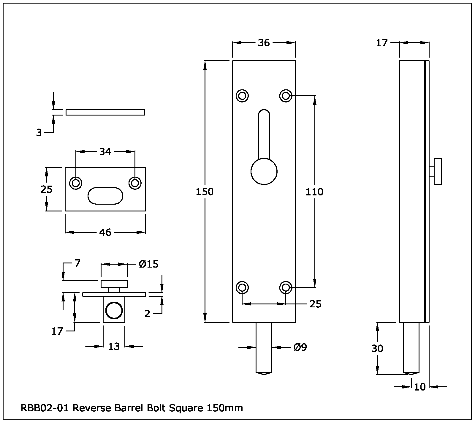 RBB02-01 Reverse Barrel Bolt Square 150mm - Mccallum Hinges